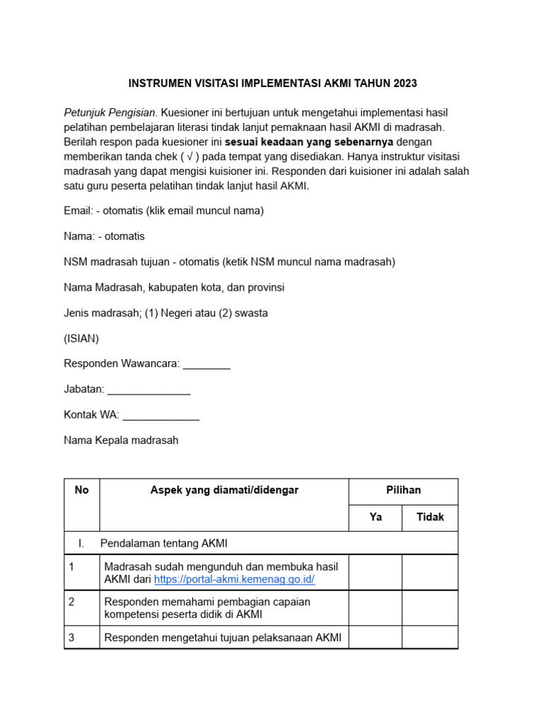 Instrumen Instruktur Visitasi Implementasi | PDF | Seni