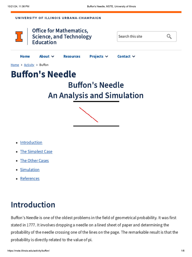 Buffon's Needle, MSTE, University of Illinois | PDF | Pi | Odds