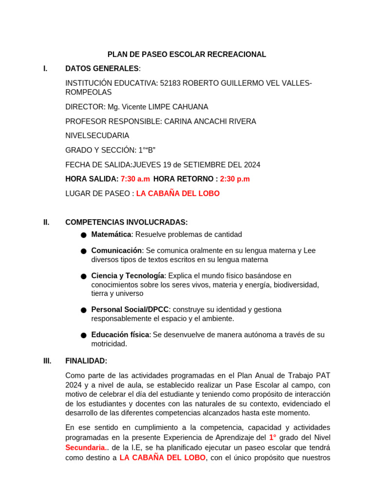Plan de Salida Educativa Paseo Escolar-1 | PDF | Maestros