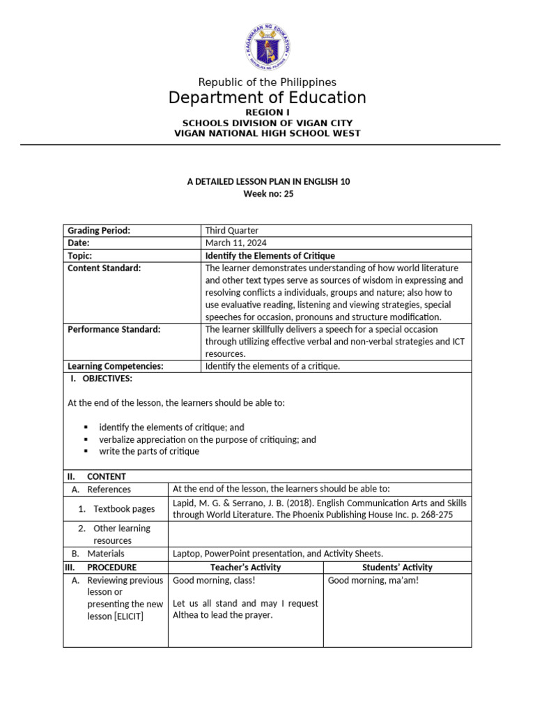A Detailed Lesson Plan in English 10 - Elements - Header | PDF | Lesson ...