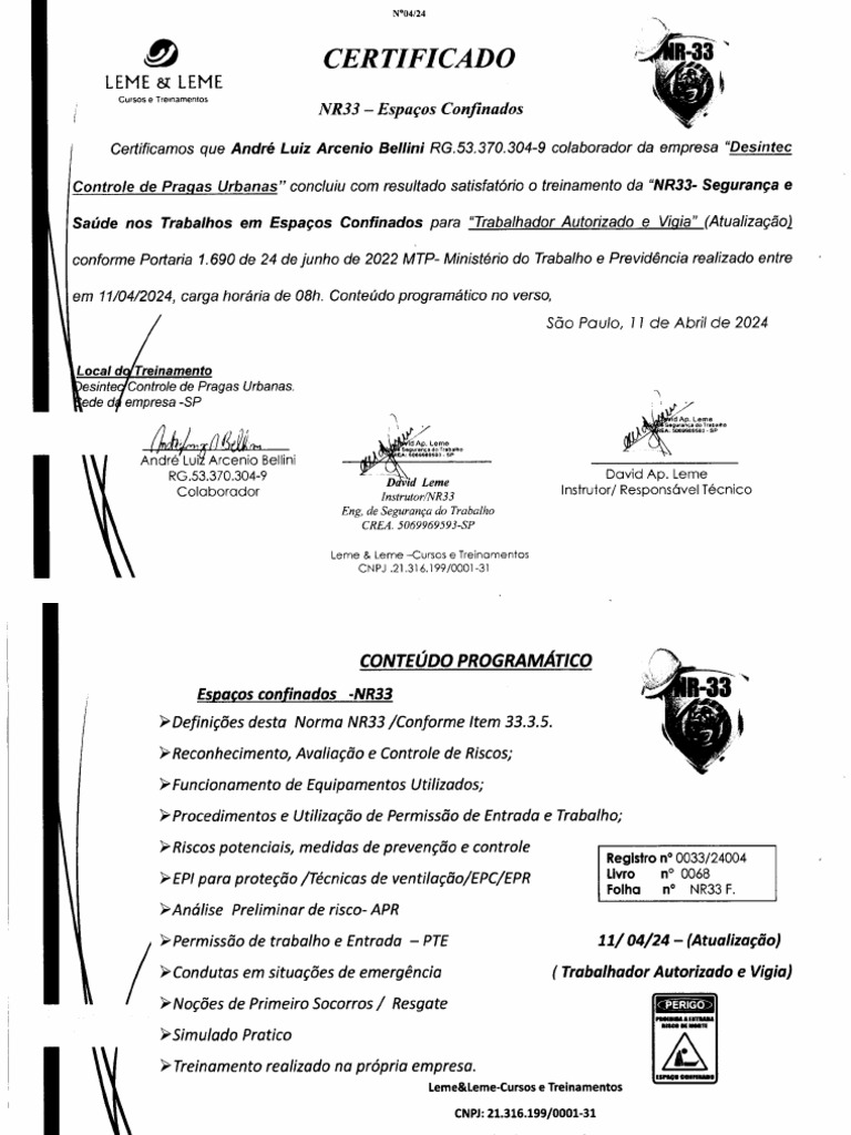 Certificado NR 33 - André Luiz Arcenio Bellini - 11.04.2024 Até 11.04.2025 | PDF