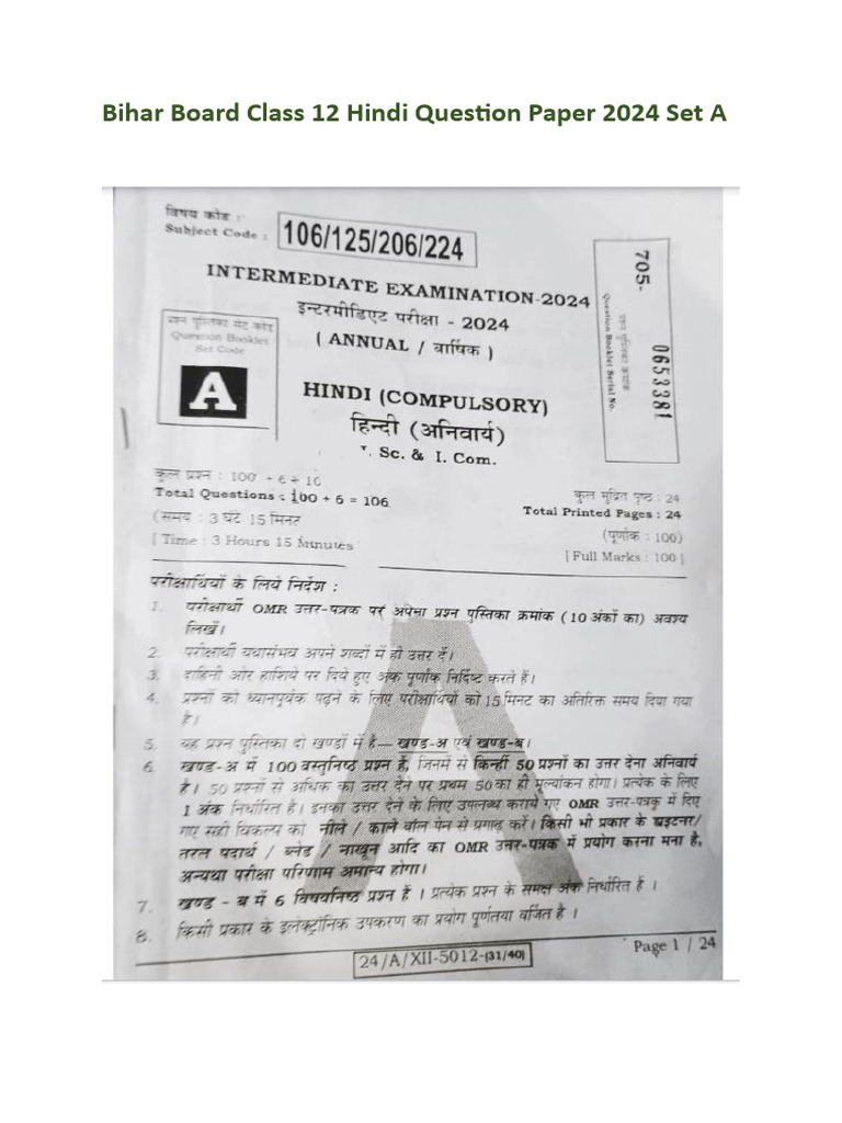 Bihar Board Class 12 Hindi Question Paper 2024 PDF Set A | PDF