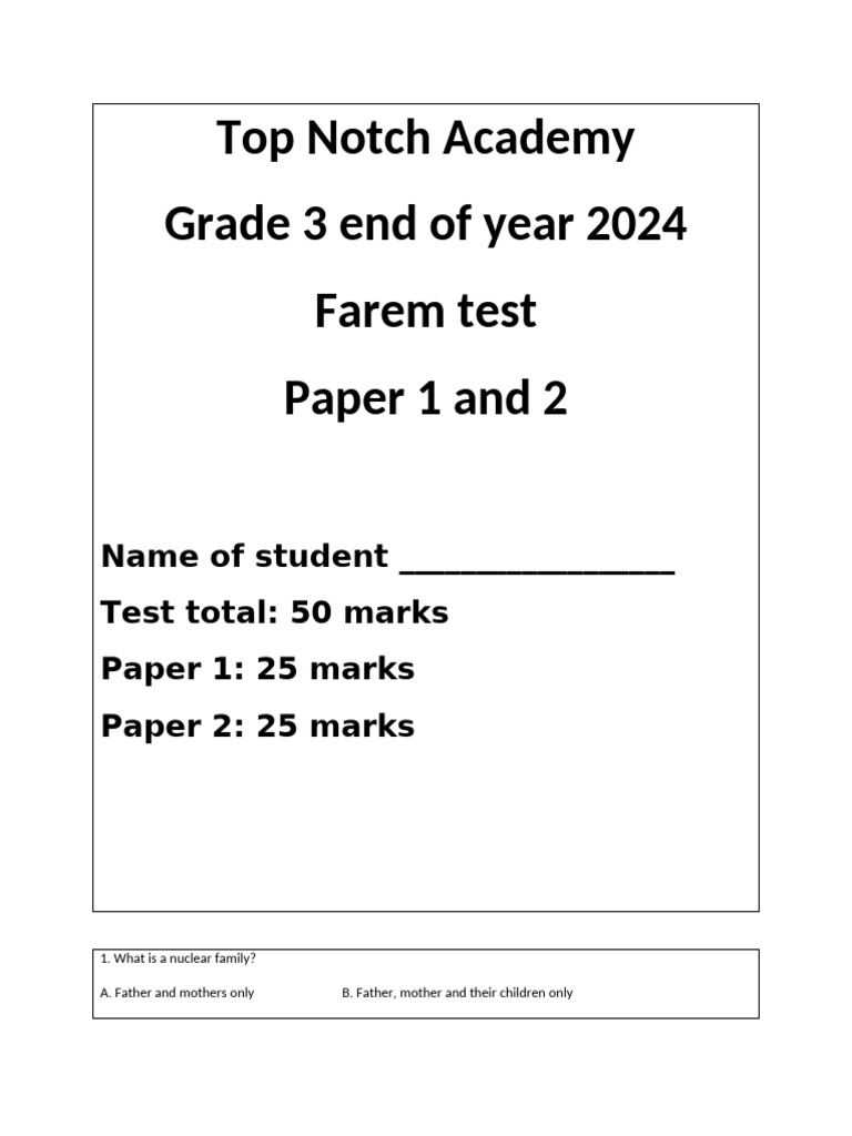 Grade 3 2024 Farem Test Papers | PDF | Family | Jesus