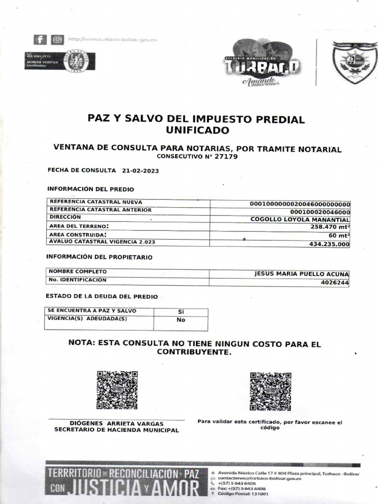 Paz y Salvo Predial | PDF