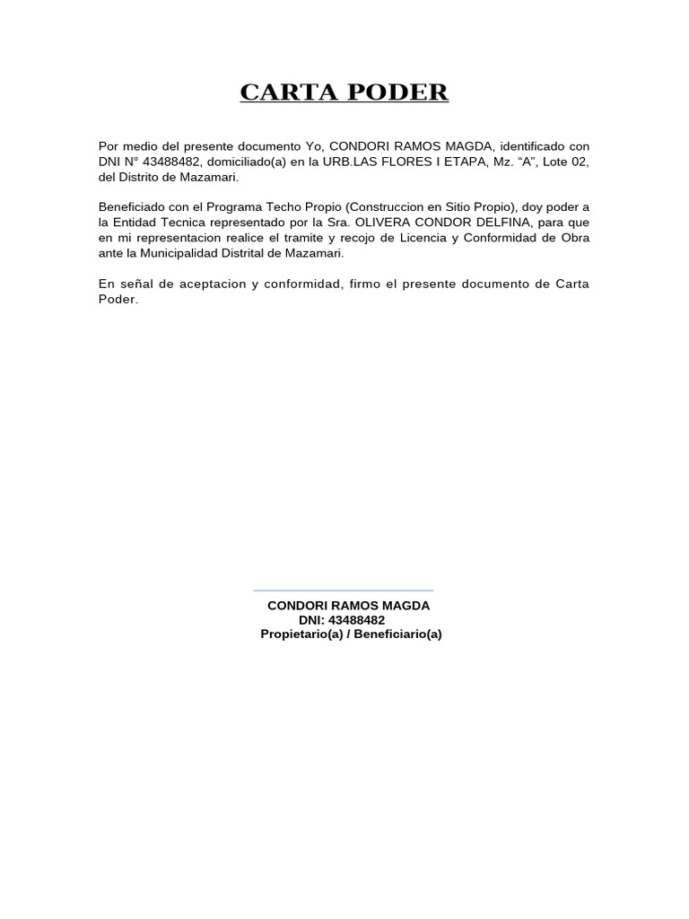 Carta Poder - Editable - Condori | PDF | Derecho