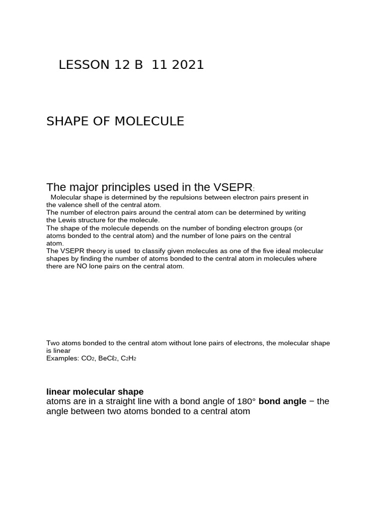 Lesson 12B Shape of Molecules 11 2021 | PDF | Chemical Bond | Chemical ...