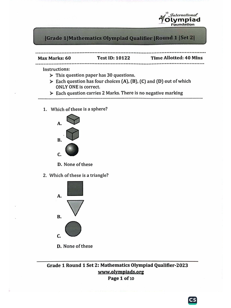 Math Olympiad Sample QP | PDF