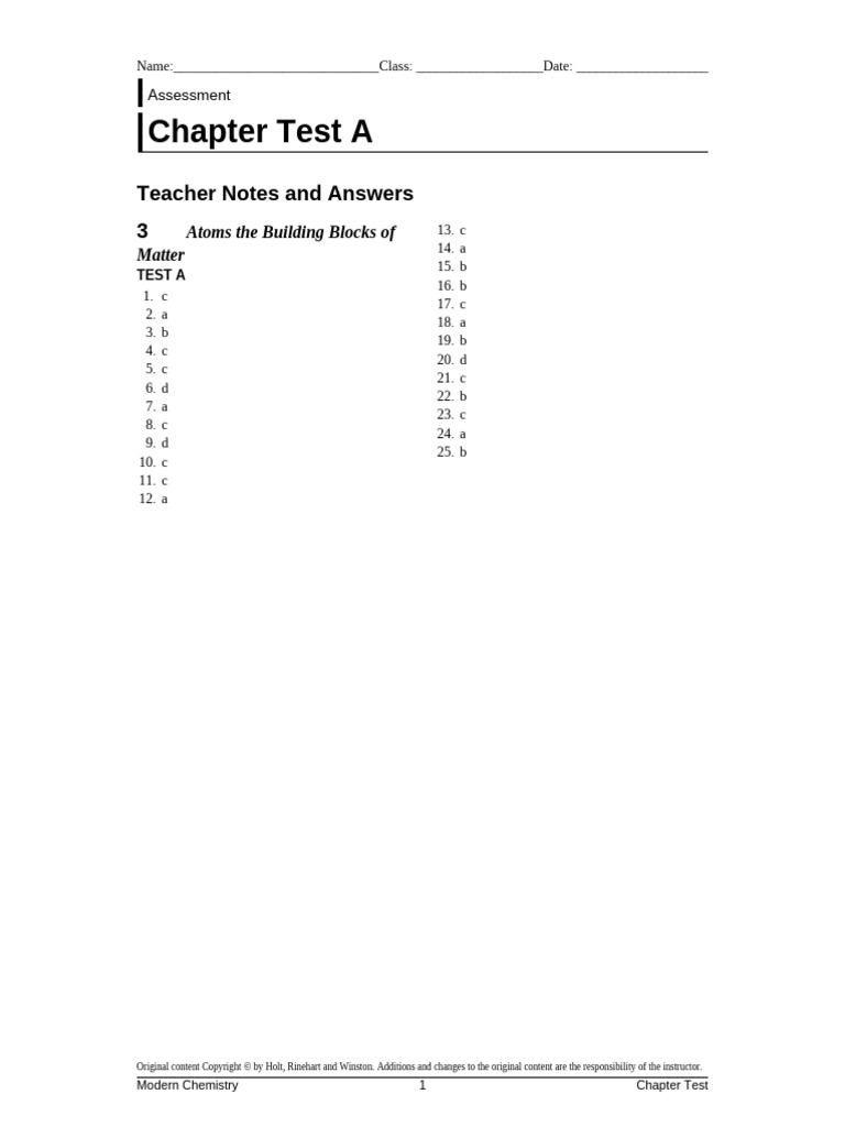 Chapter Test A: Teacher Notes and Answers 3 | PDF | Mole (Unit) | Atoms
