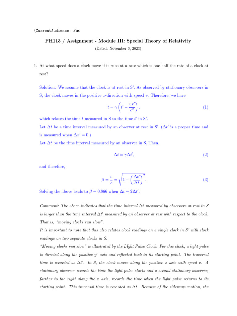 PH113 Assignment Molule3 | PDF | Physics | Theory Of Relativity