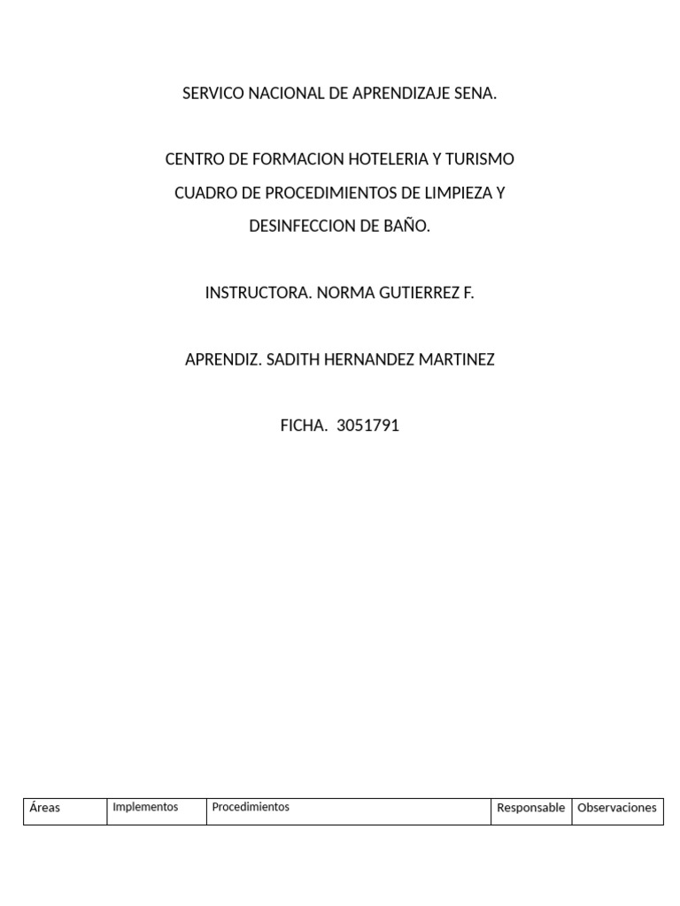 SADITH Cuadro de Limpieza y Desinfeccion | PDF