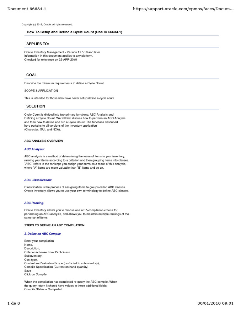 How To Setup and Define A Cycle Count (Doc ID 66634.1) | PDF