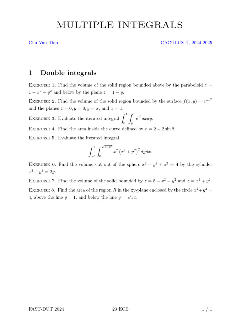 Double Integrals Exercises 2024-25 | PDF