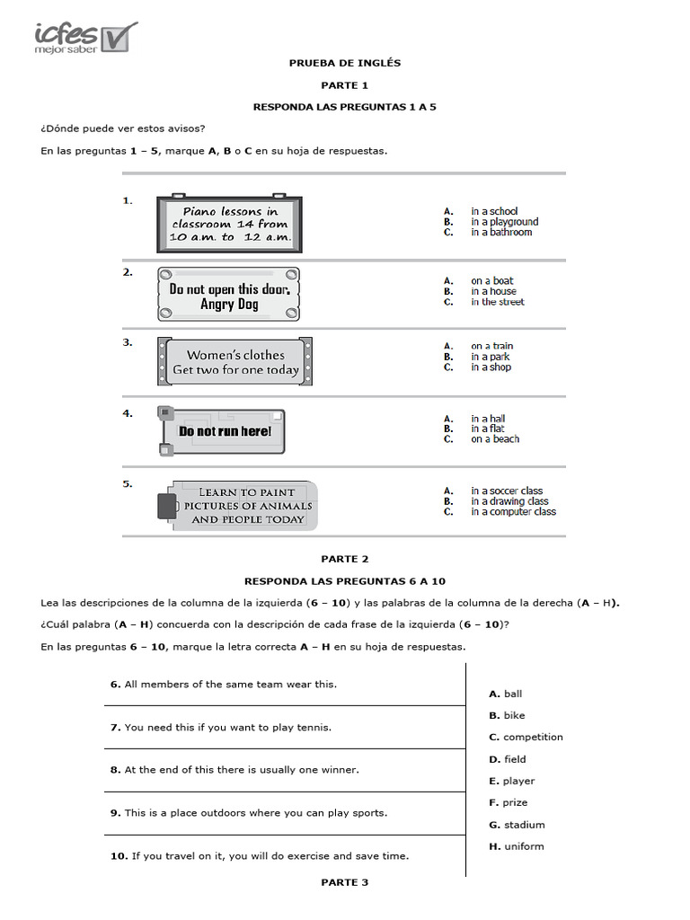 PRUEBA DE INGLÉS - Pre Icfes 2 | PDF