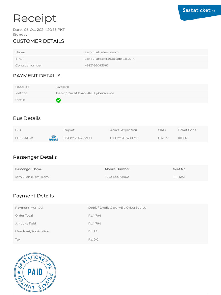 Order Receipt for Bus Ticket | PDF