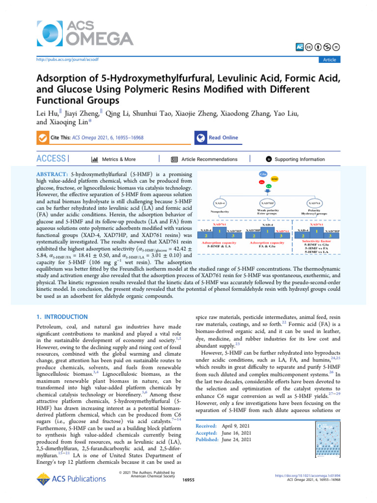 Adsorption of 5 Hydroxymethylfurfural, Levulinic Acid, Formic Acid, and ...