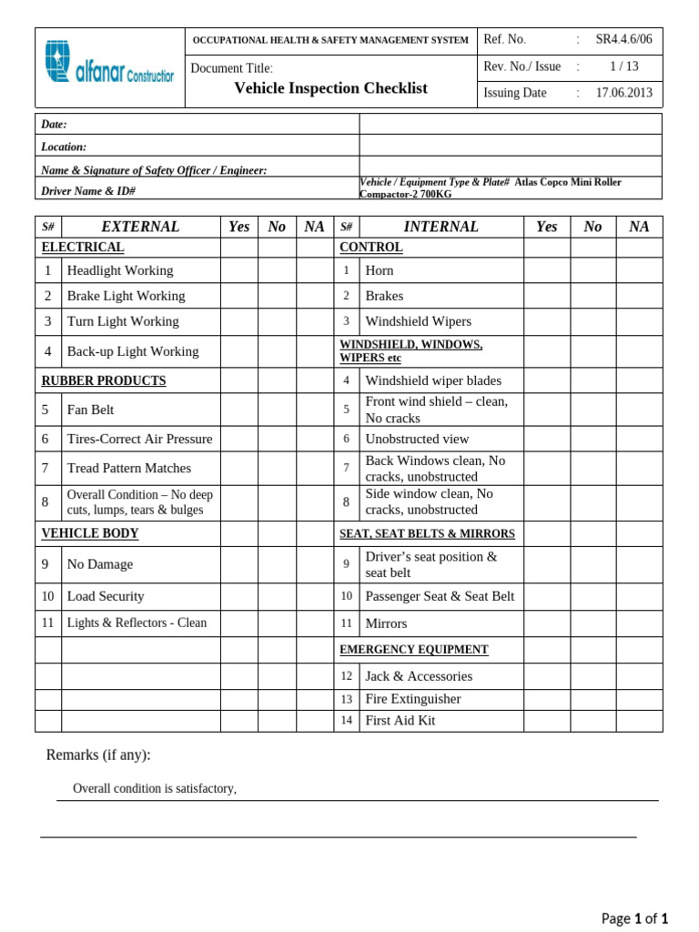 Vehicle Inspection Checklist Guide | PDF | Seat Belt | Vehicles