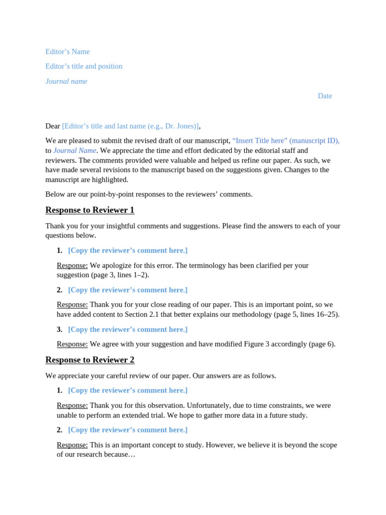 Response Letter Template Drafting An Effective Journal Response Letter ...