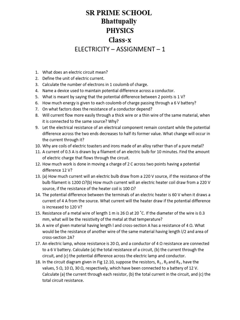 Final ws-1 Phy 10th Class | PDF | Electrical Resistance And Conductance ...