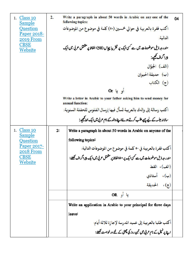 CBSE Class 10 Arabic Papers | PDF