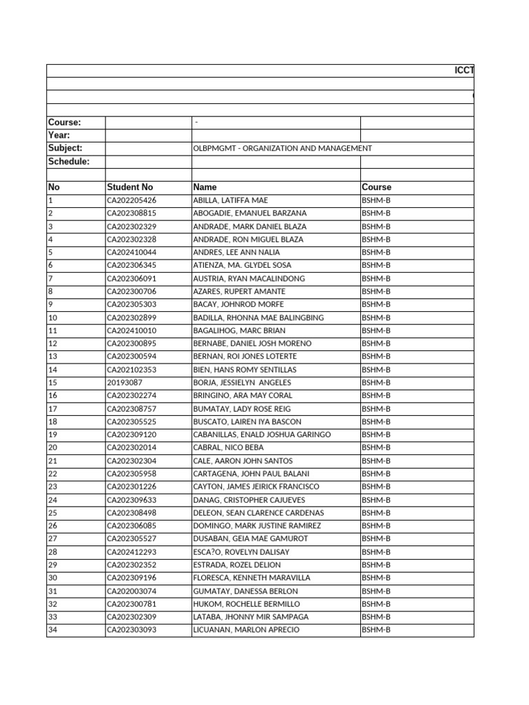 BSHM-B Class List 2024-2025 | PDF