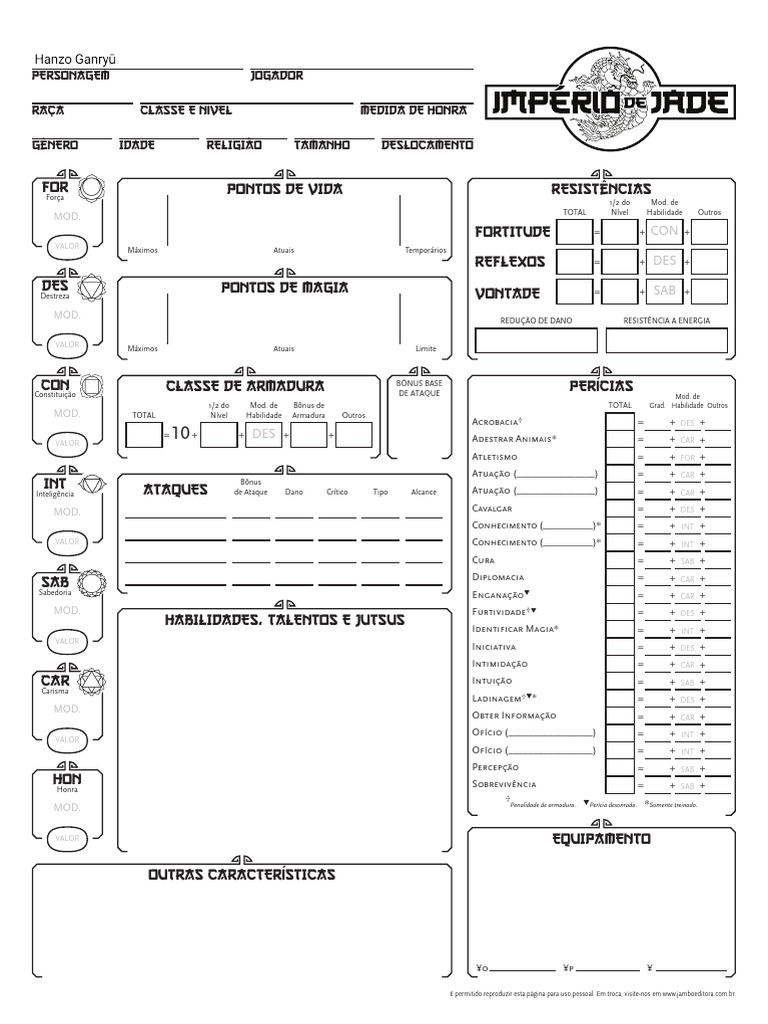 Ficha de Personagem para RPG Onimusha | PDF