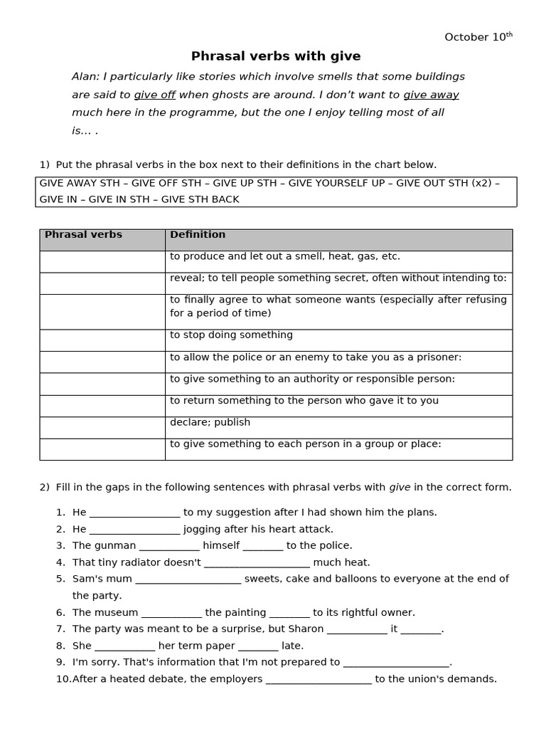 HANDOUT Phrasal Verbs Give - October 10th | PDF | Linguistics | Syntax