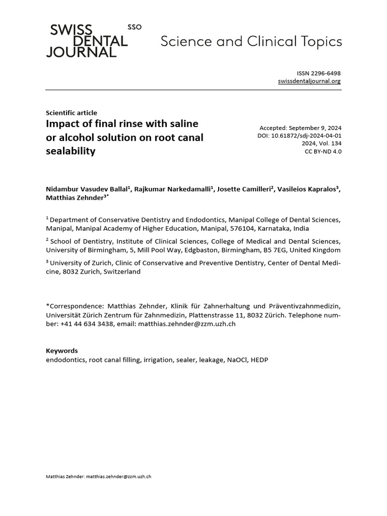 Saline vs Alcohol Rinse in Root Canal Sealability | PDF | Dentistry