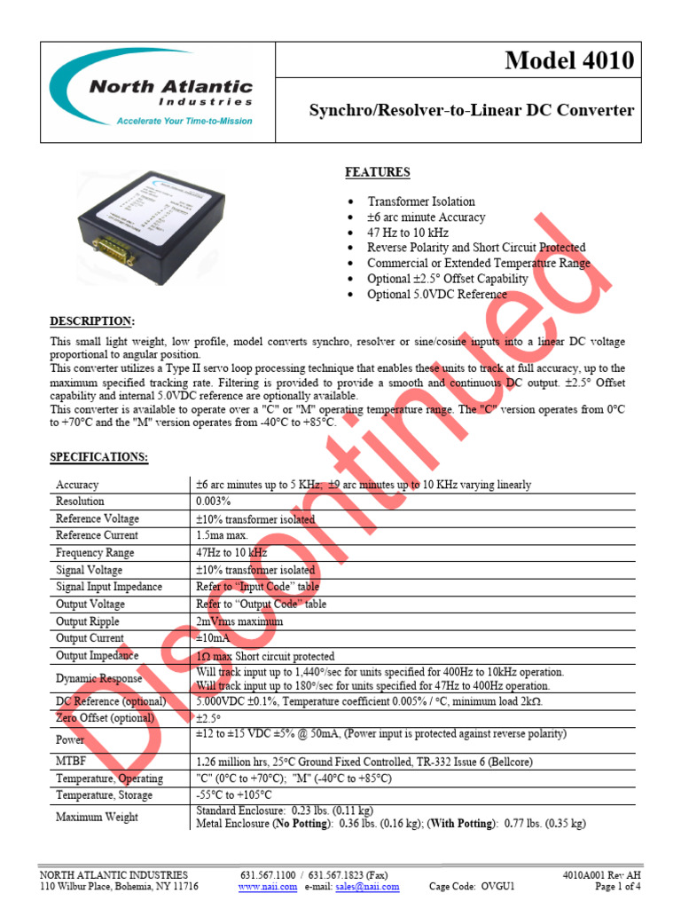 Model 4010: Synchro/Resolver-to-Linear DC Converter | PDF | Transformer ...