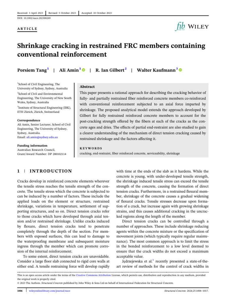Structural Concrete - 2023 - Tang - Shrinkage cracking in restrained FRC members containing ...