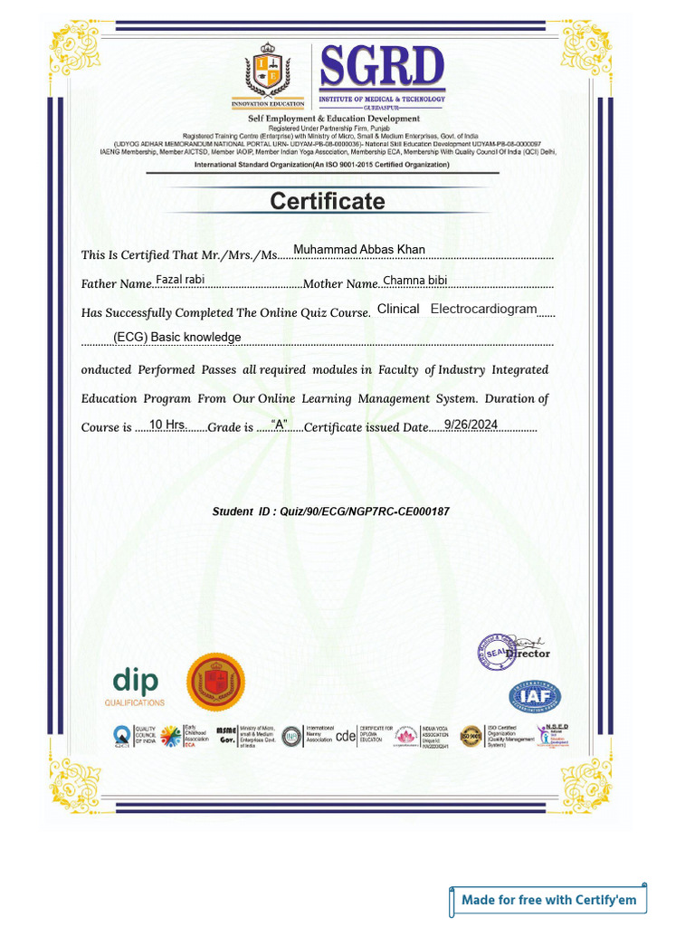 Certificate For Muhammad Abbas Khan For - Certificate in ECG Basic K... | PDF | Technology ...