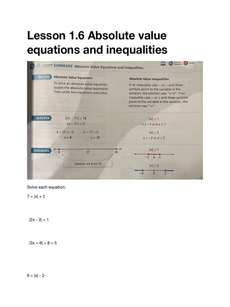 Lesson 1.6 Absolute Value Equations and Inequalities | PDF | Teaching Methods & Materials