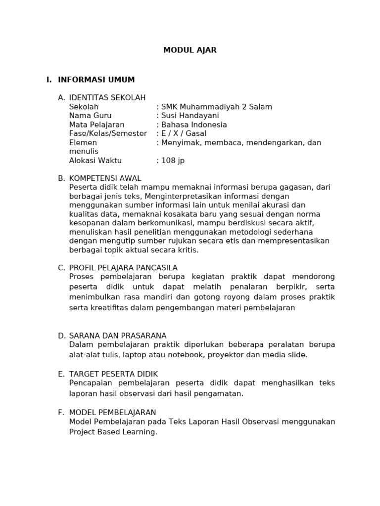 Modul Ajar Bahasa Indonesia Susi Handayani | PDF