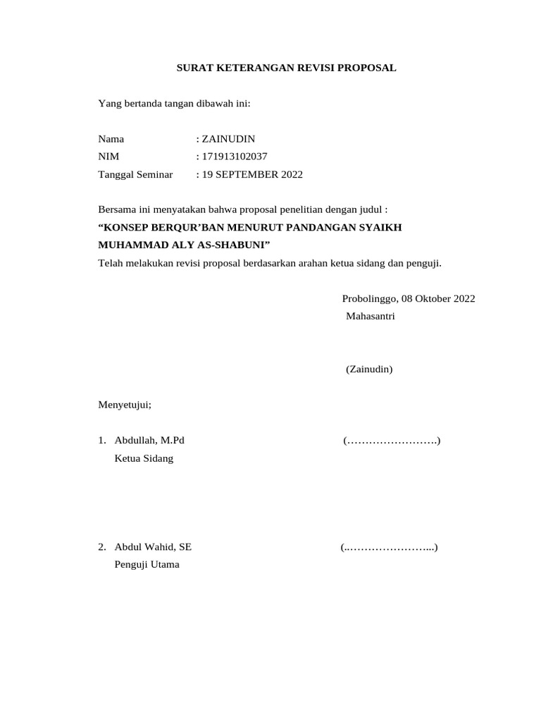 Surat Keterangan Revisi Proposal | PDF