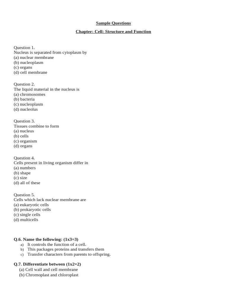 Sample Questions - Science Class 8 | PDF | Cell (Biology) | Cell Nucleus