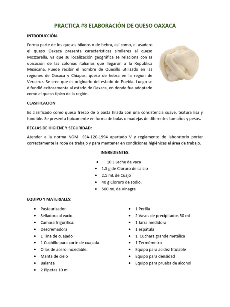 Practica #8 Queso Oaxaca | PDF | Queso | Leche