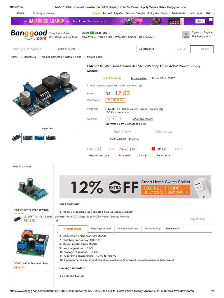 LM2587 DC-DC Boost Converter 5A 3-30V Step Up To 4-35V Power Supply ...