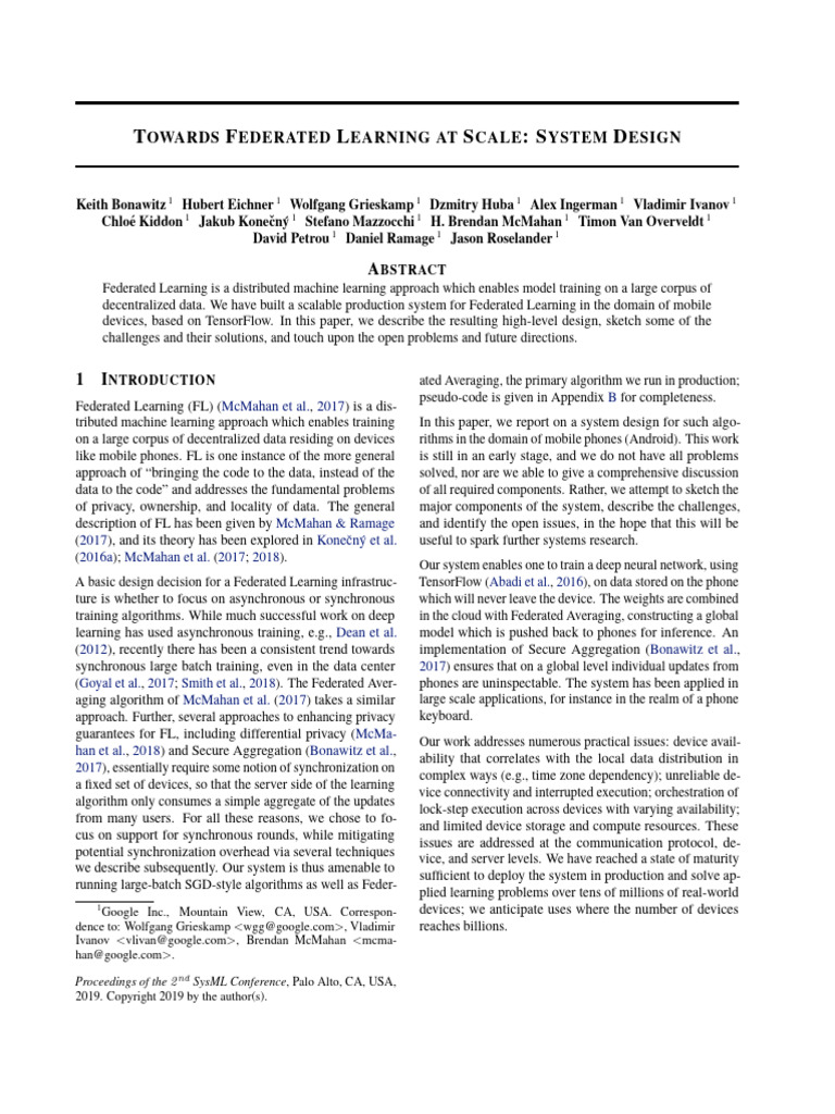 Towards Federated Learning at Scale System Design | PDF | Server (Computing) | Computer Science
