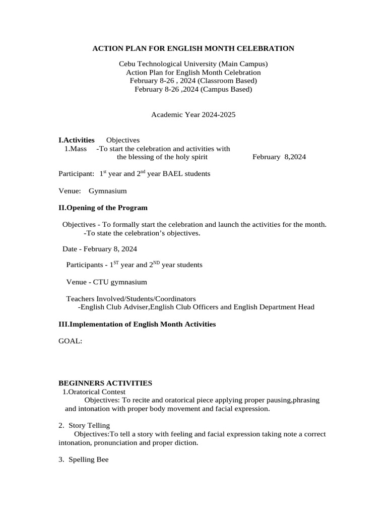 Action Plan For English Month Celebration | PDF