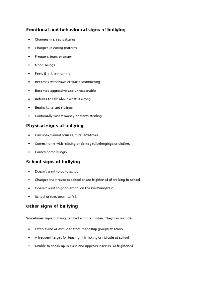 Emotional and Behavioural Signs of Bullying | PDF | Self-Improvement | Wellness
