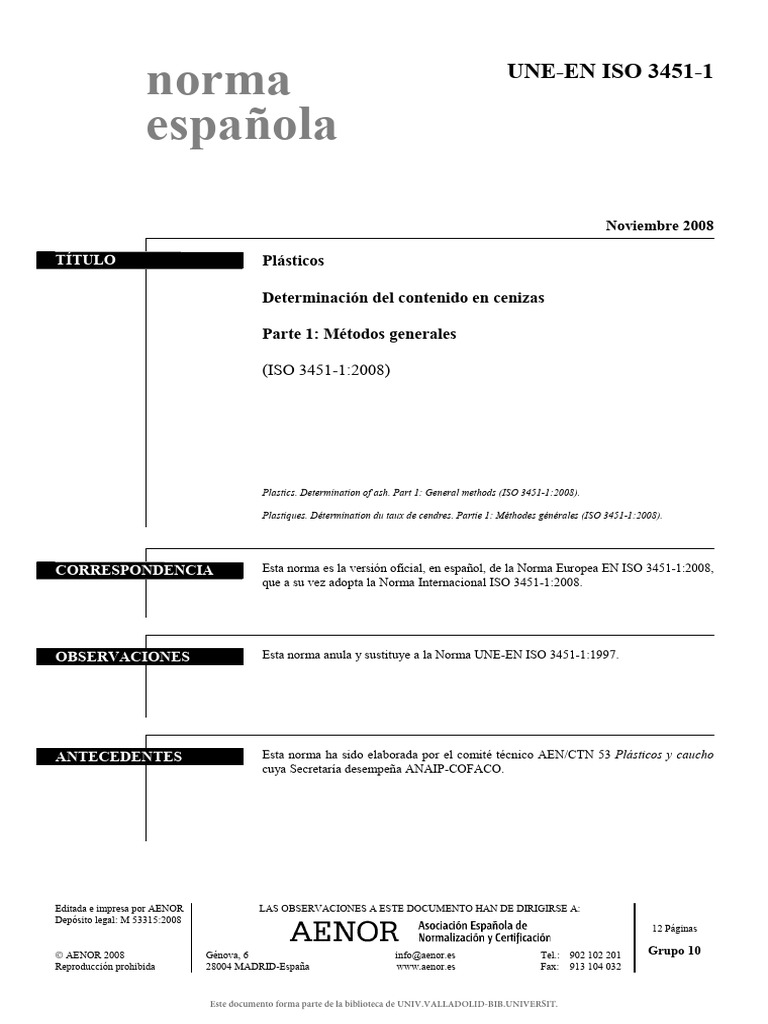 Une-En Iso 3451-1 2008 | PDF | Organización internacional para la ...