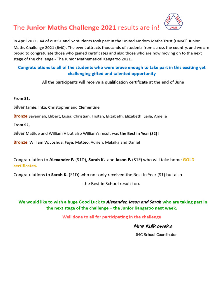 Junior Maths Challenge Results 2021 | PDF