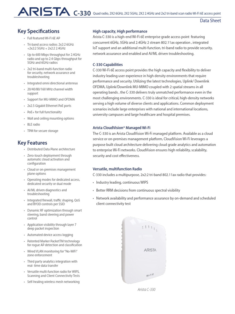 Arista C 330 Datasheet | PDF | Wi Fi | Ieee 802.11
