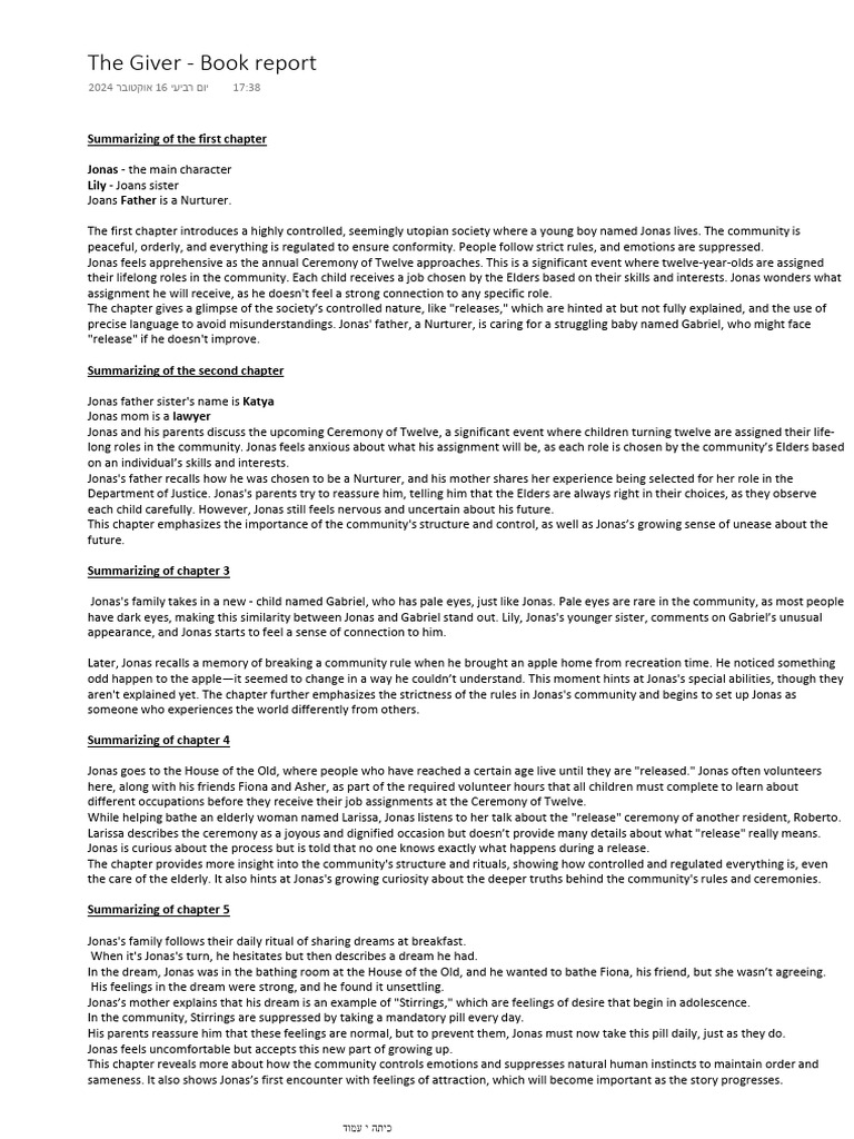 The Giver - Book Report | PDF | The Giver | Experience