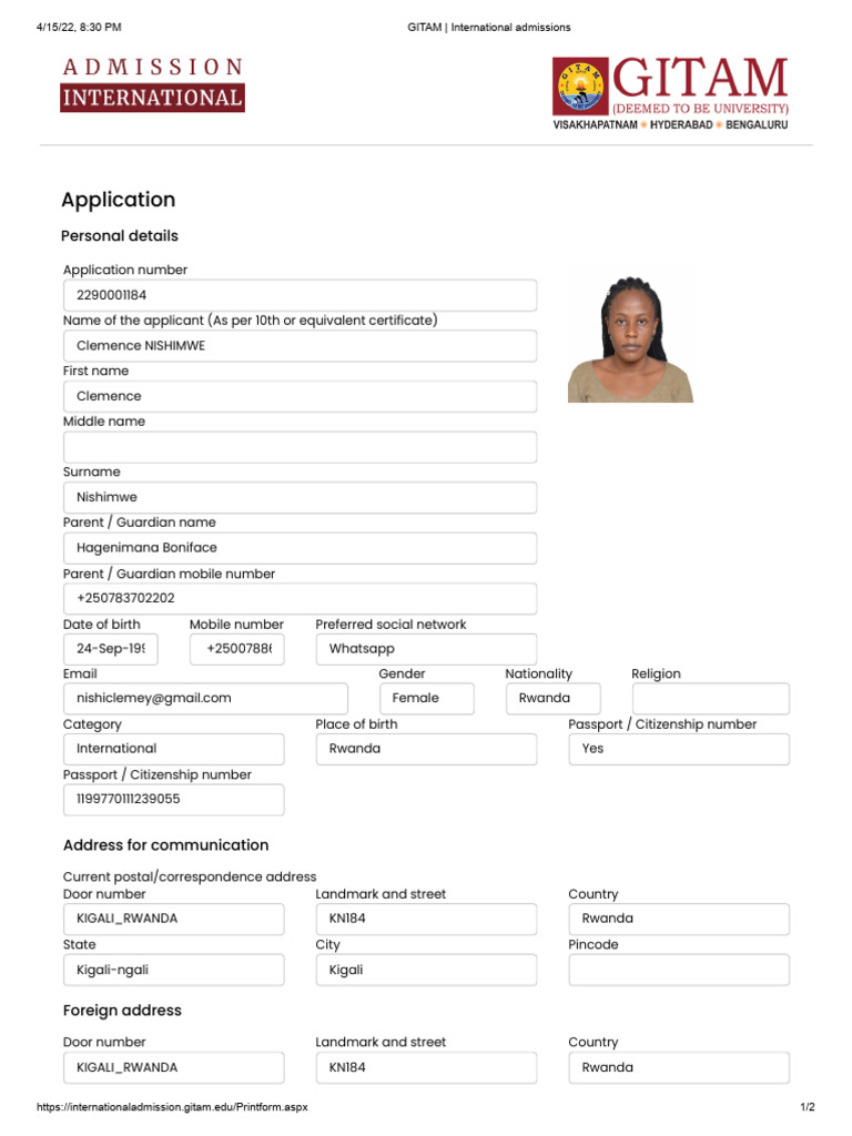 Clemence @GITAM - International Admissions Application Form | PDF
