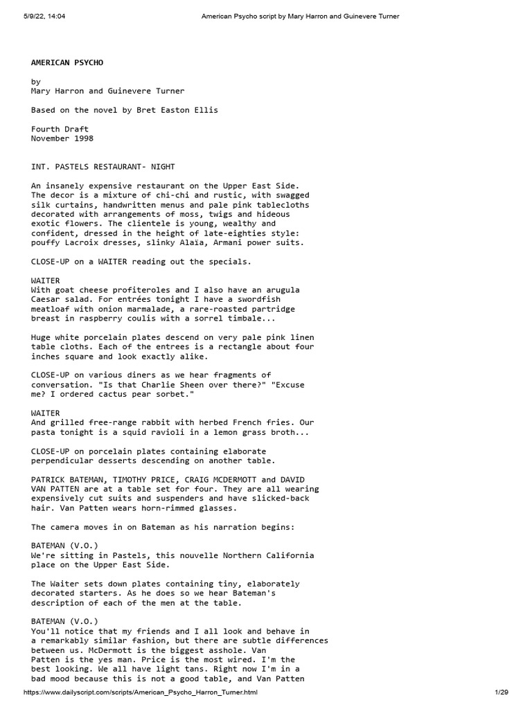 American Psycho Script by Mary Harron and Guinevere Turner | PDF