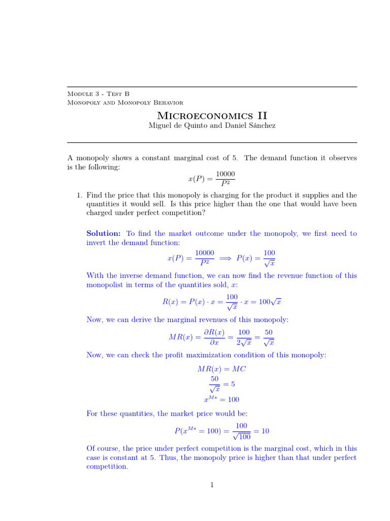 Test M3B 2024 SOLUTIONS | PDF | Monopoly | Demand
