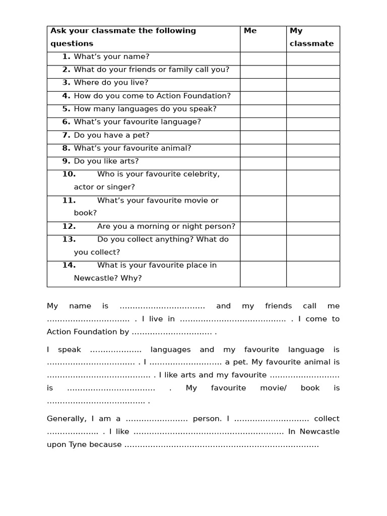 Ask Your Classmate The Following Questions | PDF