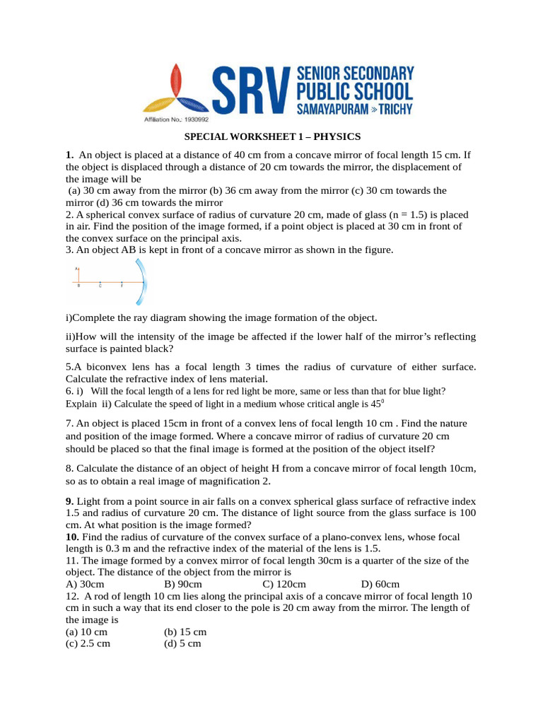 SPECIAL WORKSHEET Optics | PDF | Mirror | Physical Phenomena