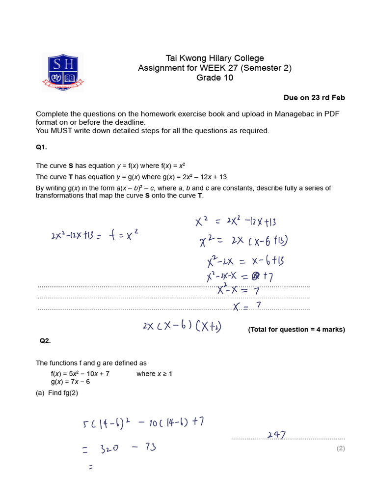 Tai Kwong Hilary College Assignment For WEEK 27 (Semester 2) Grade 10 | PDF | Mathematical ...