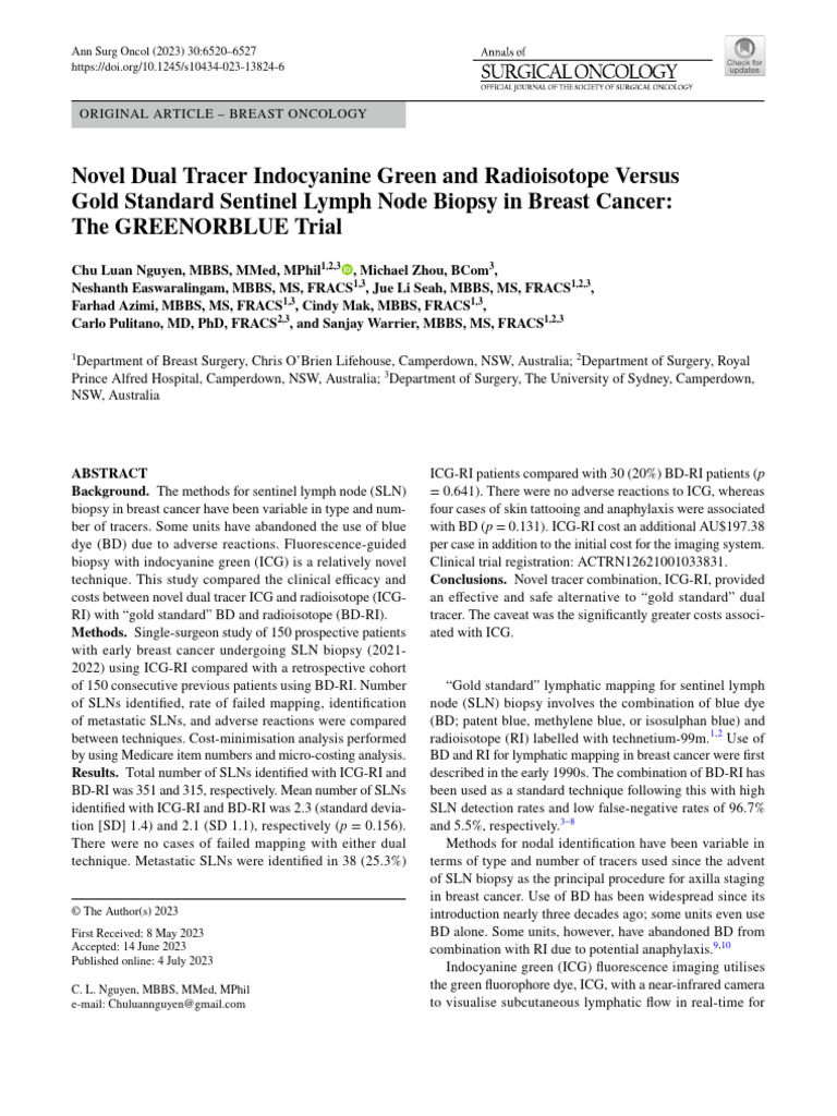Novel Dual Tracer Indocyanine Green and Radioisotope Versus Gold ...